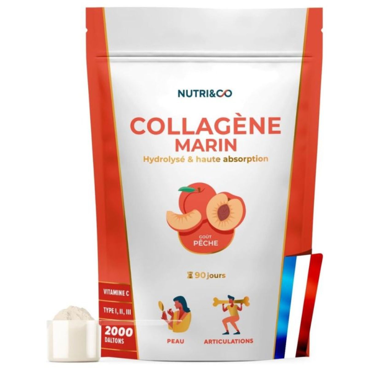 Collagène Marin Type I, II & III + Vitamine C Goût Pêche Nutri&Co - 540g